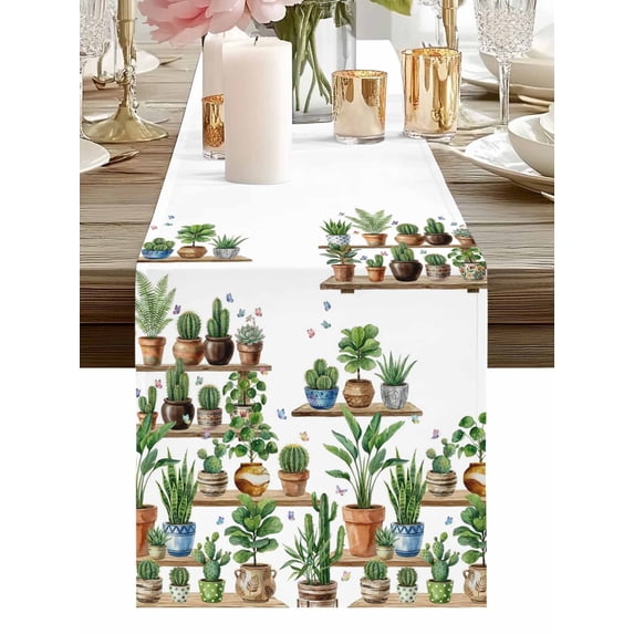 Burlap Table Runner 90 Inches Long, Watercolor Cactus Potted Plant Non ...