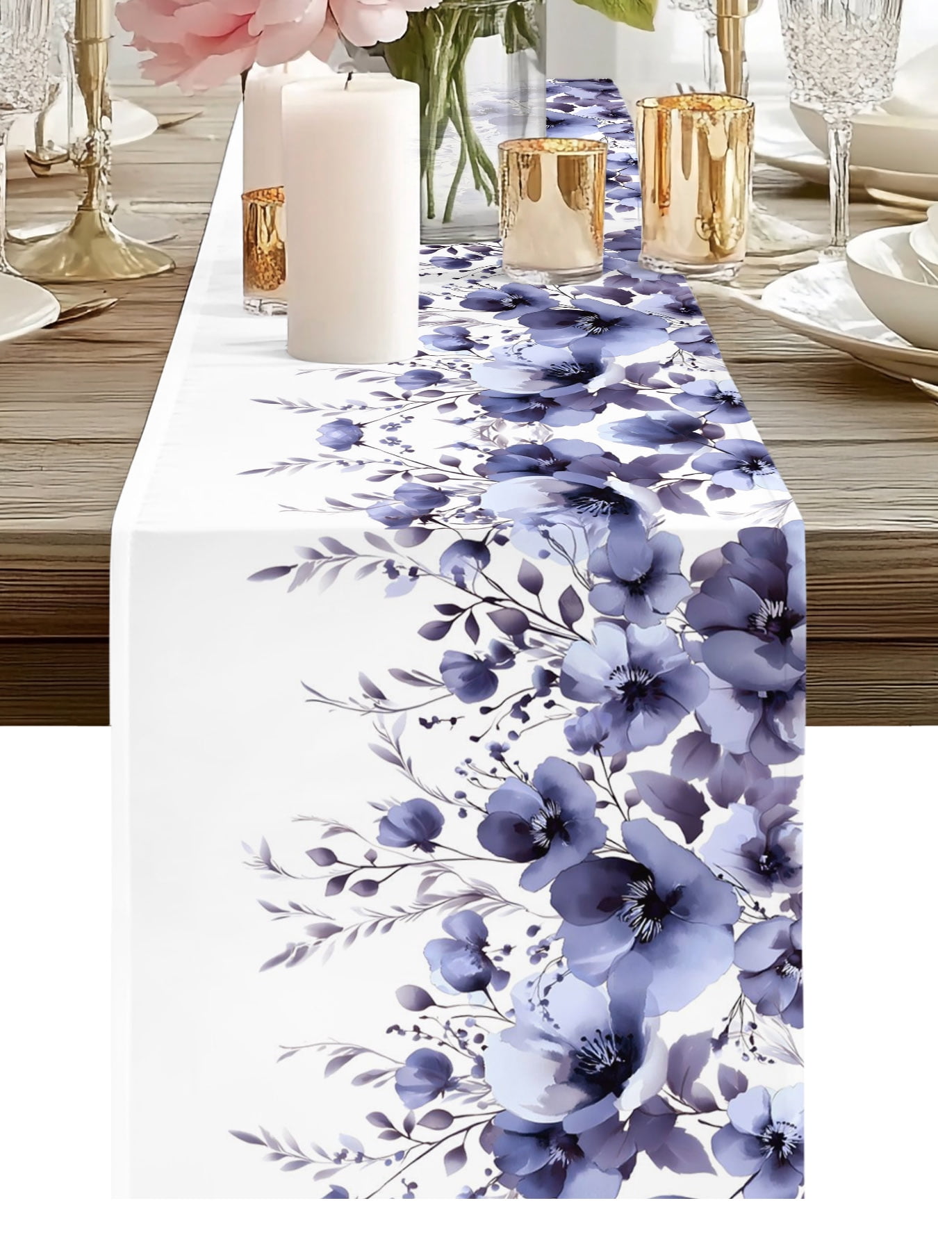 Burlap Table Runner 90 Inches Long, Watercolor Flower Leaf Non-Slip ...