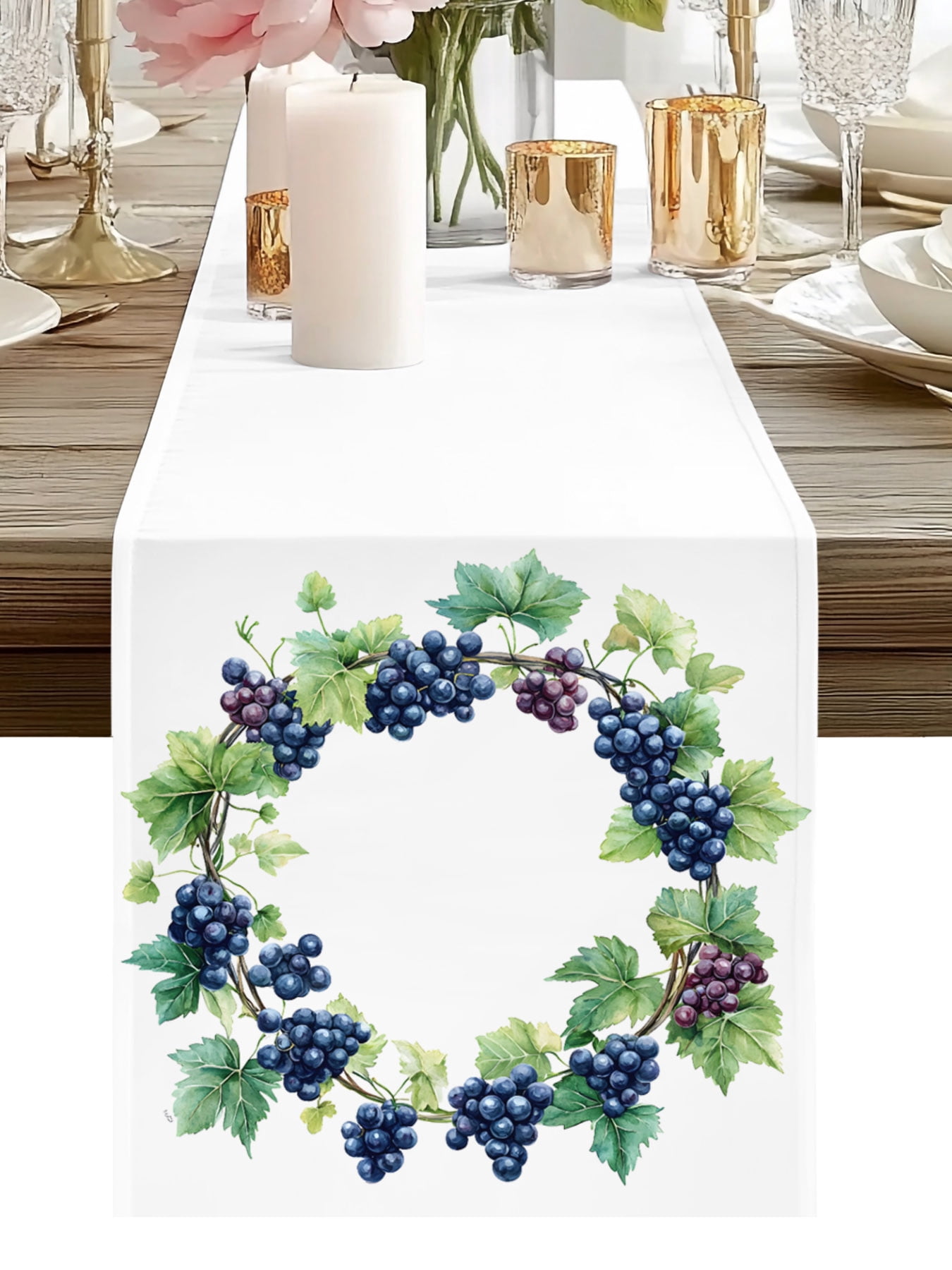 Burlap Table Runner 90 Inches Long, Watercolor Grape Botanical Non-Slip ...