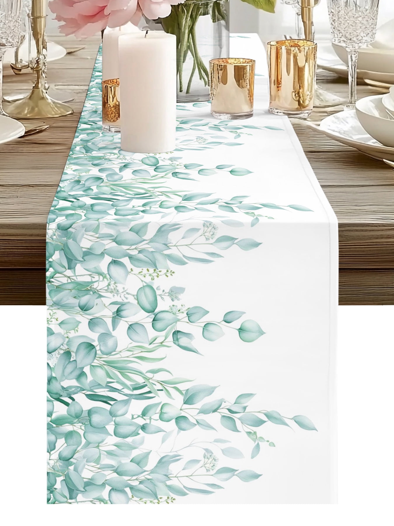 Burlap Table Runner 90 Inches Long, Watercolor Green Eucalyptus Leaf ...
