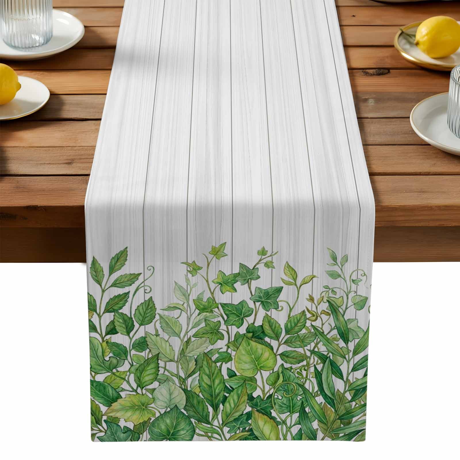 Burlap Table Runner 90 Inches Long,Watercolor Green Leaves Farm Wood ...