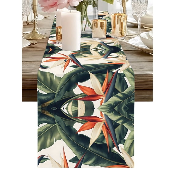 Burlap Table Runner 90 Inches Long, Watercolor Green Palm Leaf Non-Slip ...