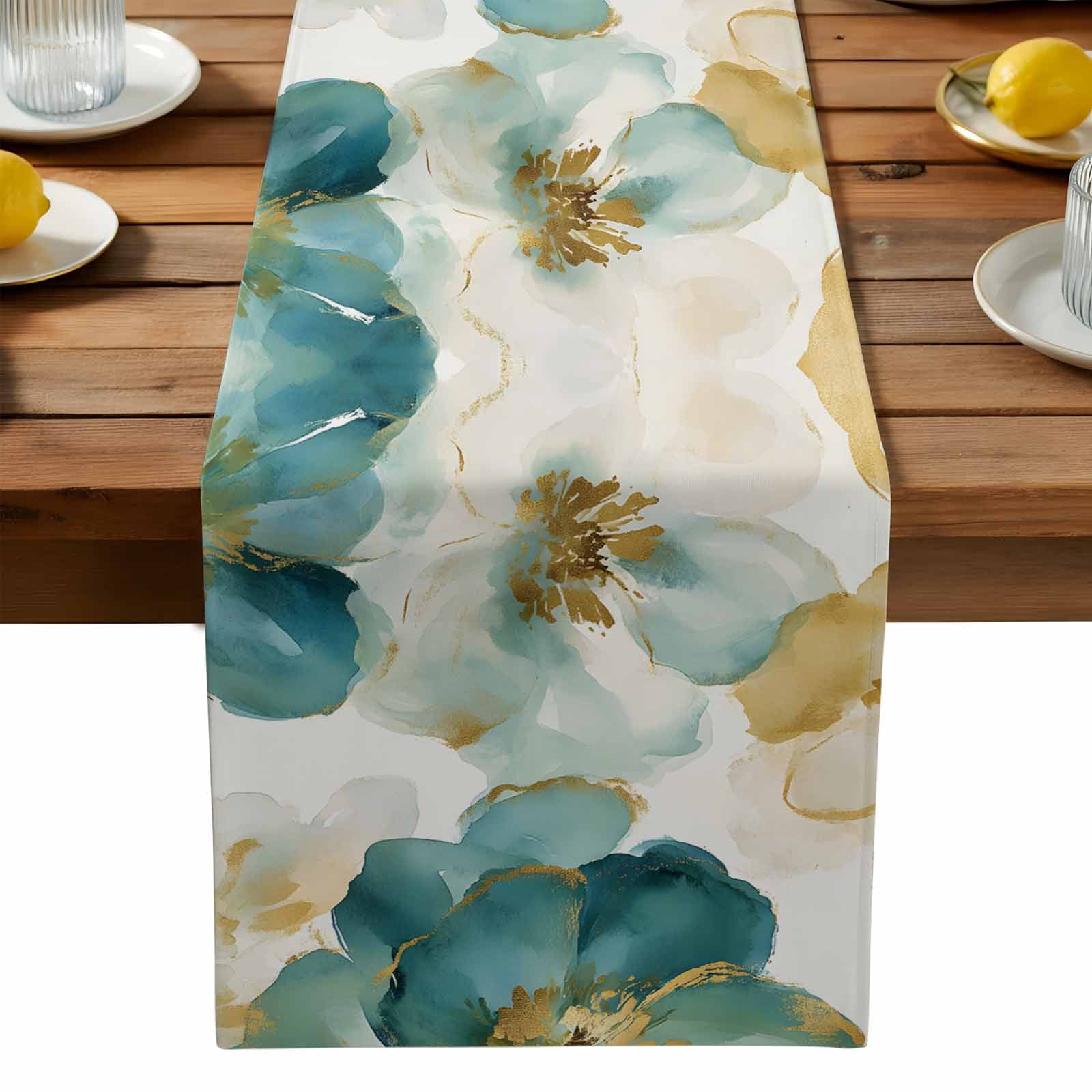 Burlap Table Runner 90 Inches Long,Watercolor Green Peony Non-Slip ...