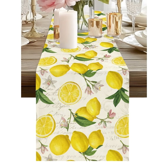 Burlap Table Runner 90 Inches Long, Watercolor Lemon Flower Leaves Non ...
