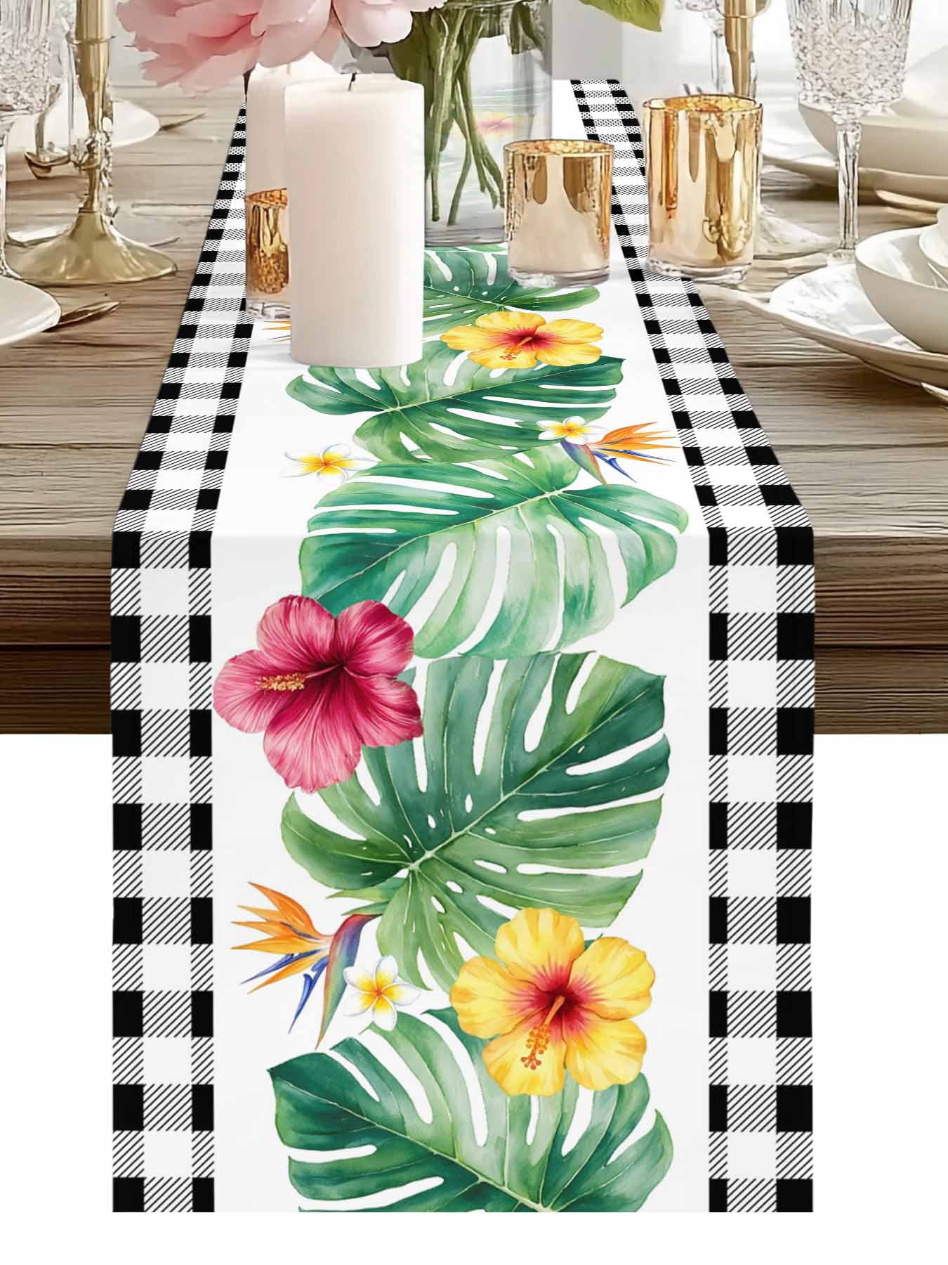 Burlap Table Runner 90 Inches Long, Watercolor Monstera Hibiscus Plaid ...