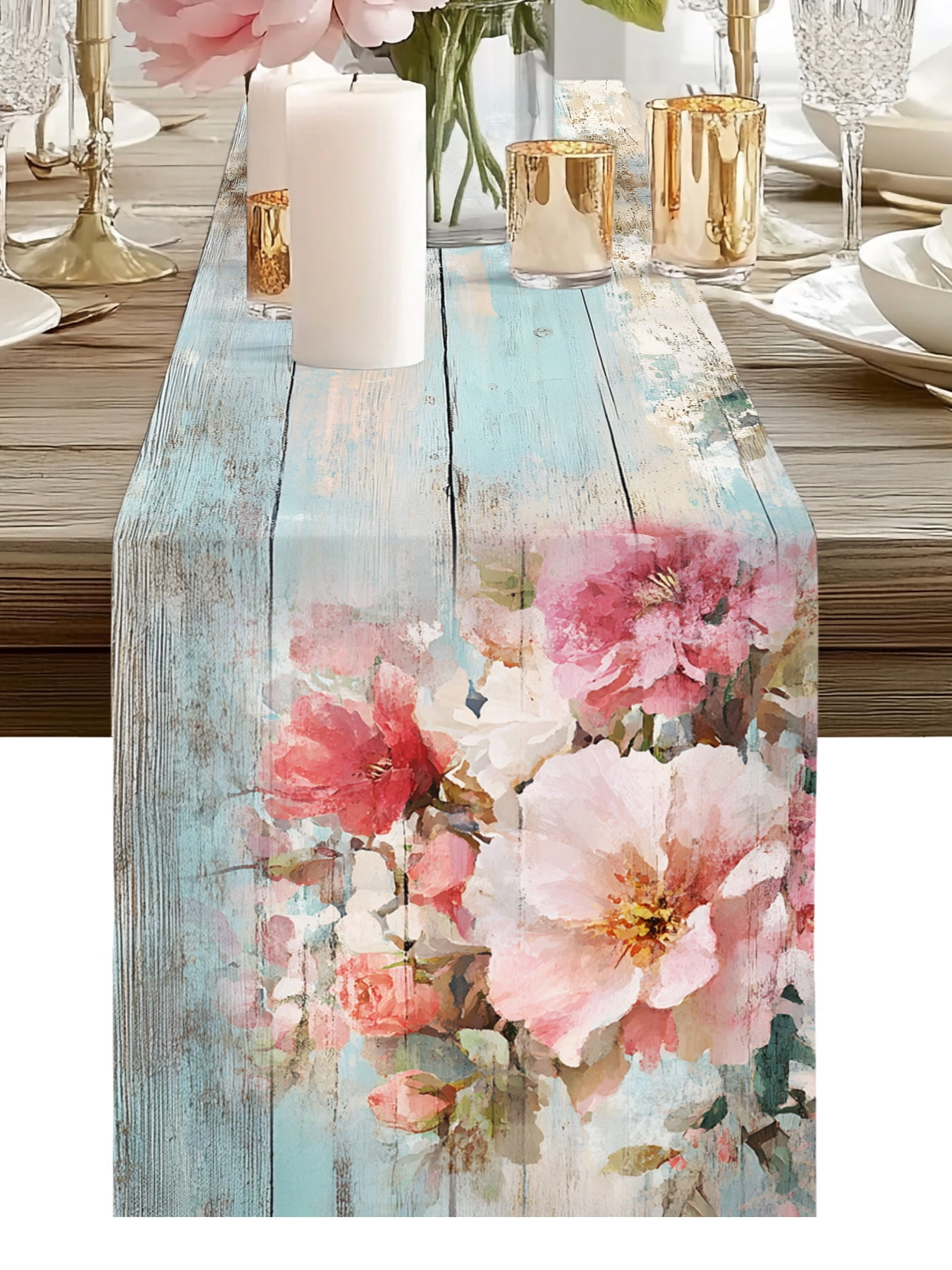Burlap Table Runner 90 Inches Long, Watercolor Pastoral Flowers on ...