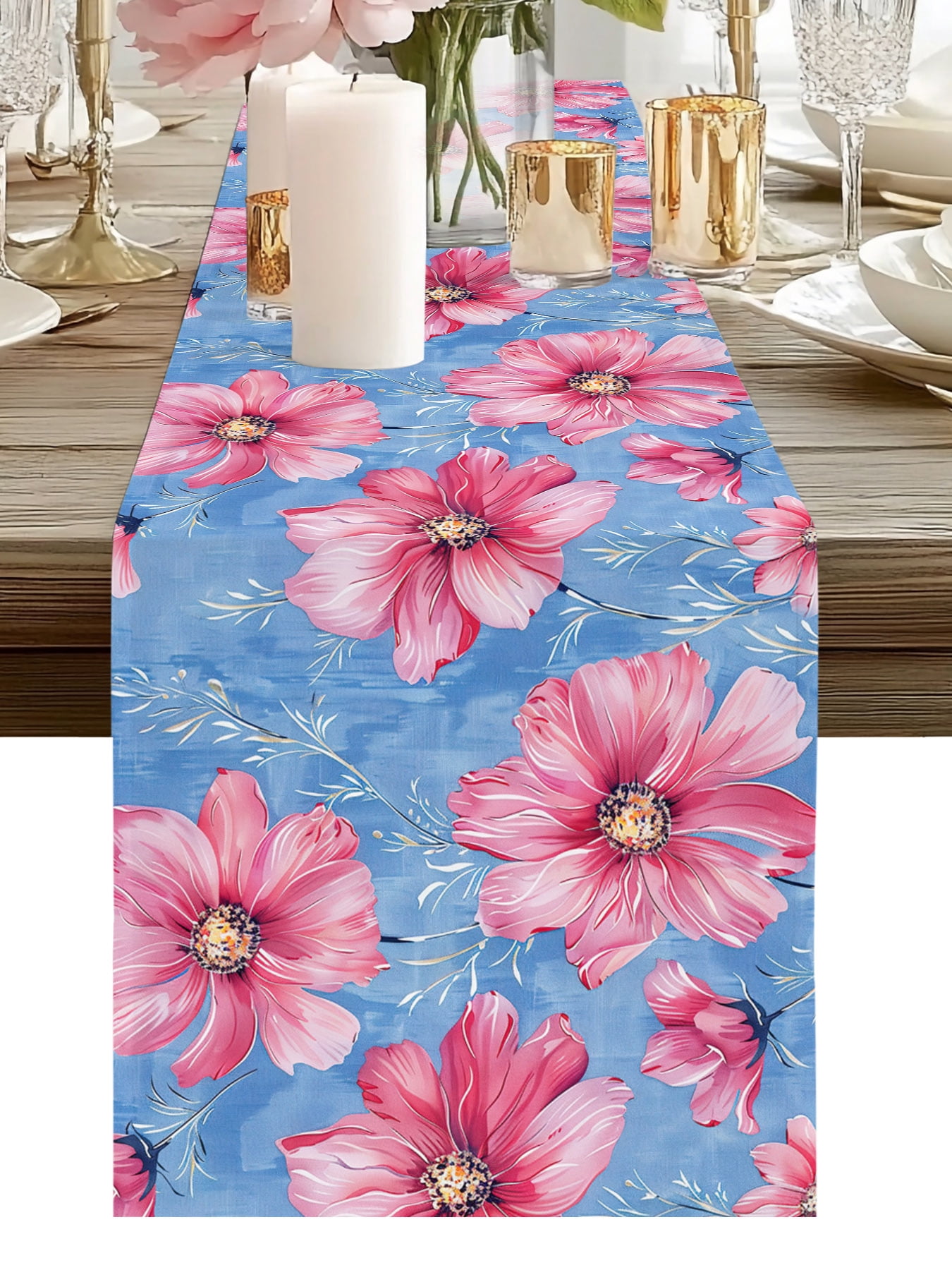 Burlap Table Runner 90 Inches Long, Watercolor Pink Blooming Flowers on ...