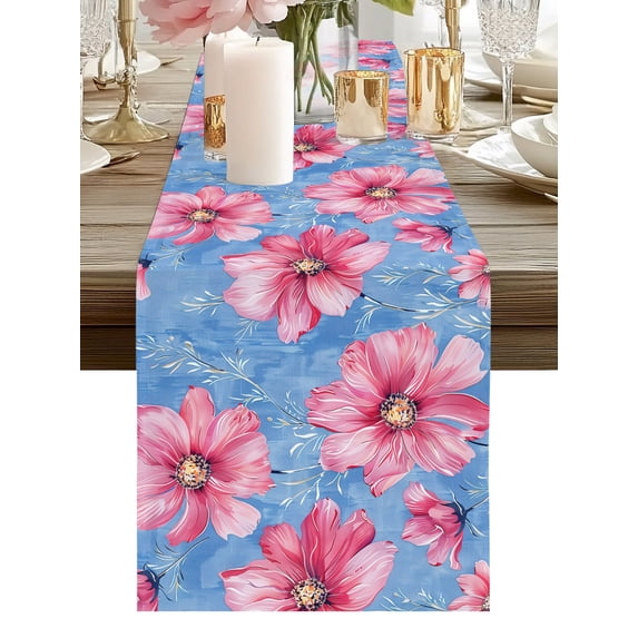 Burlap Table Runner 90 Inches Long, Watercolor Pink Blooming Flowers on ...