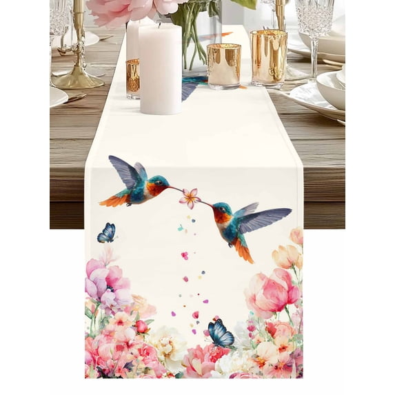 Burlap Table Runner 90 Inches Long, Watercolor Pink Flower Humpbirds ...