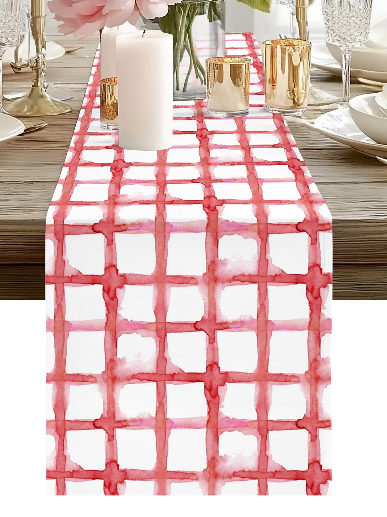 Burlap Table Runner 90 Inches Long, Watercolor Pink Plaid Non-Slip ...