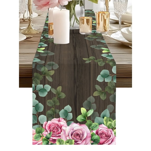 Burlap Table Runner 90 Inches Long, Watercolor Pink Roses Green Jugal ...
