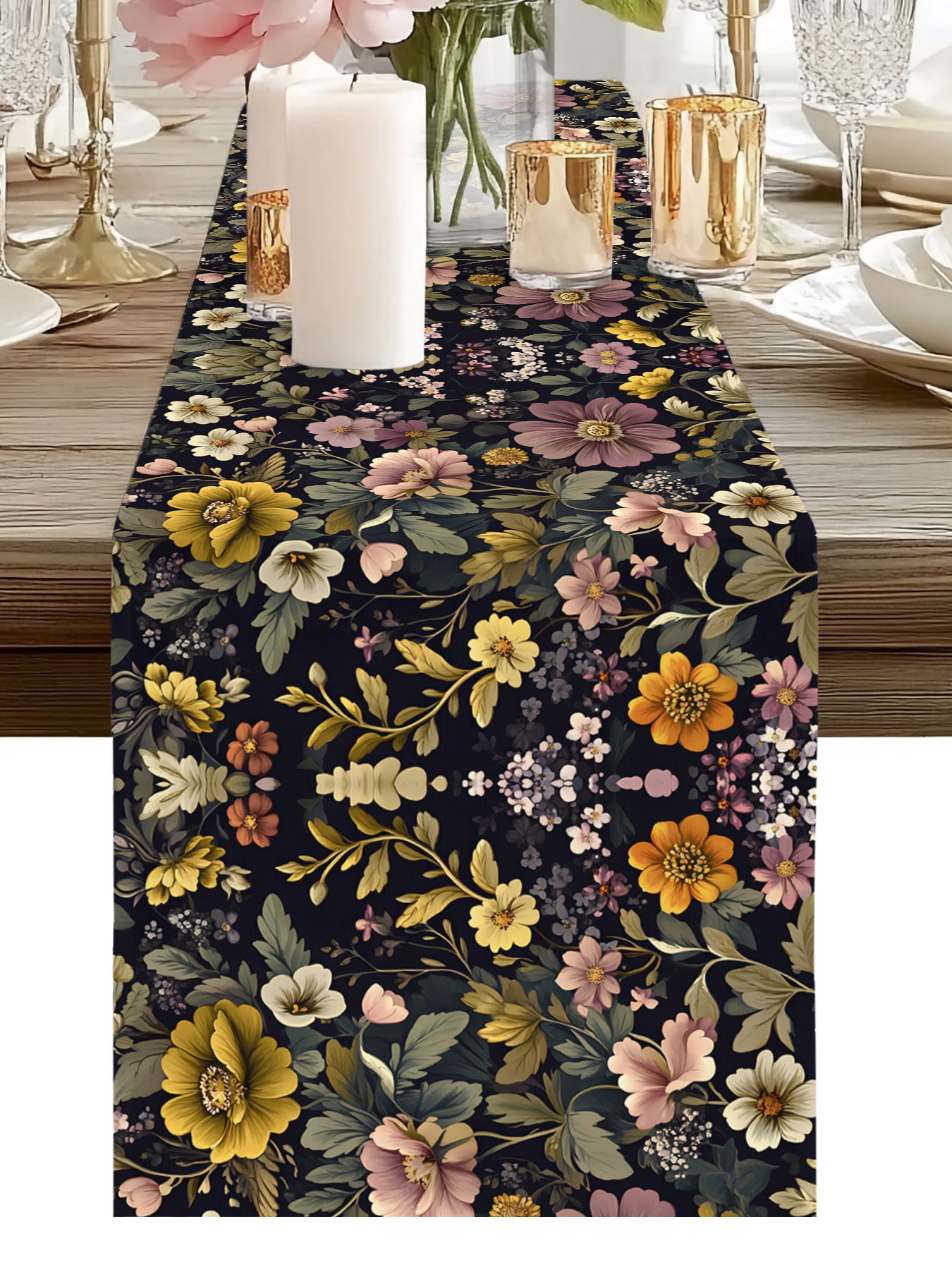 Burlap Table Runner 90 Inches Long, Watercolor Pink Yellow Flowers Non ...