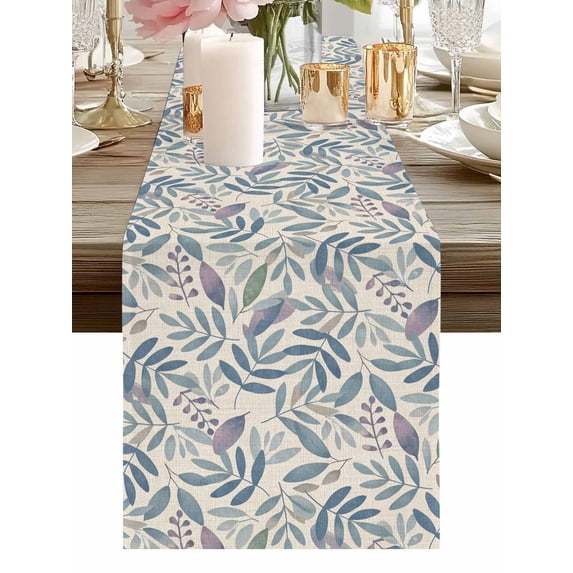 Burlap Table Runner 90 Inches Long, Watercolor Purple Blue Leaves on ...
