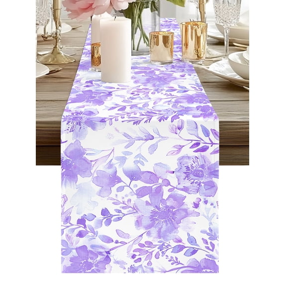 Burlap Table Runner 90 Inches Long, Watercolor Purple Flowers Botanical ...