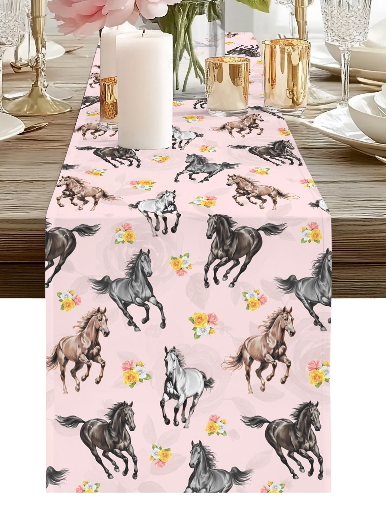Burlap Table Runner 90 Inches Long, Watercolor Running Horse Flower Non ...