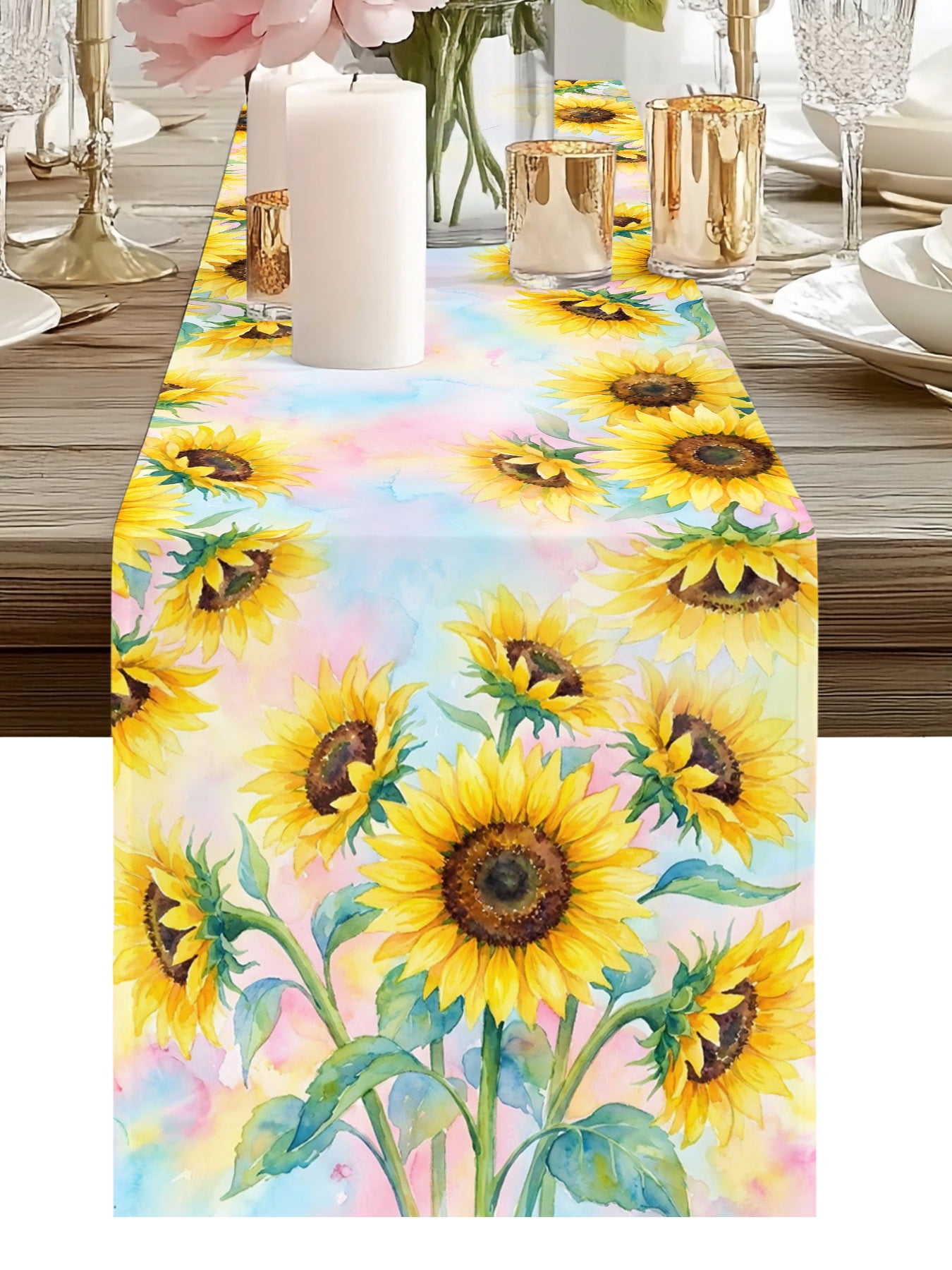 Burlap Table Runner 90 Inches Long, Watercolor Spring Sunflowers Non ...