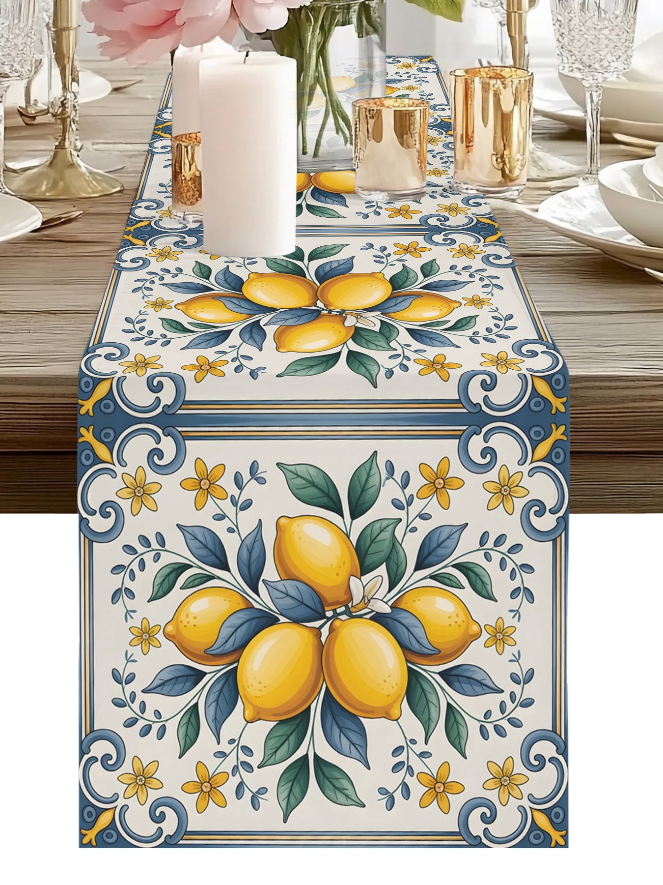 Burlap Table Runner 90 Inches Long, Watercolor Summer Lemon Non-Slip ...