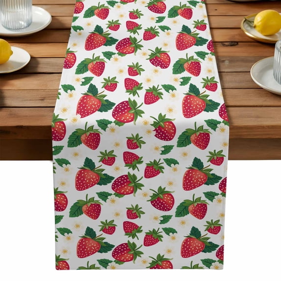 Burlap Table Runner 90 Inches Long, Watercolor Summer Strawberry Leaves ...