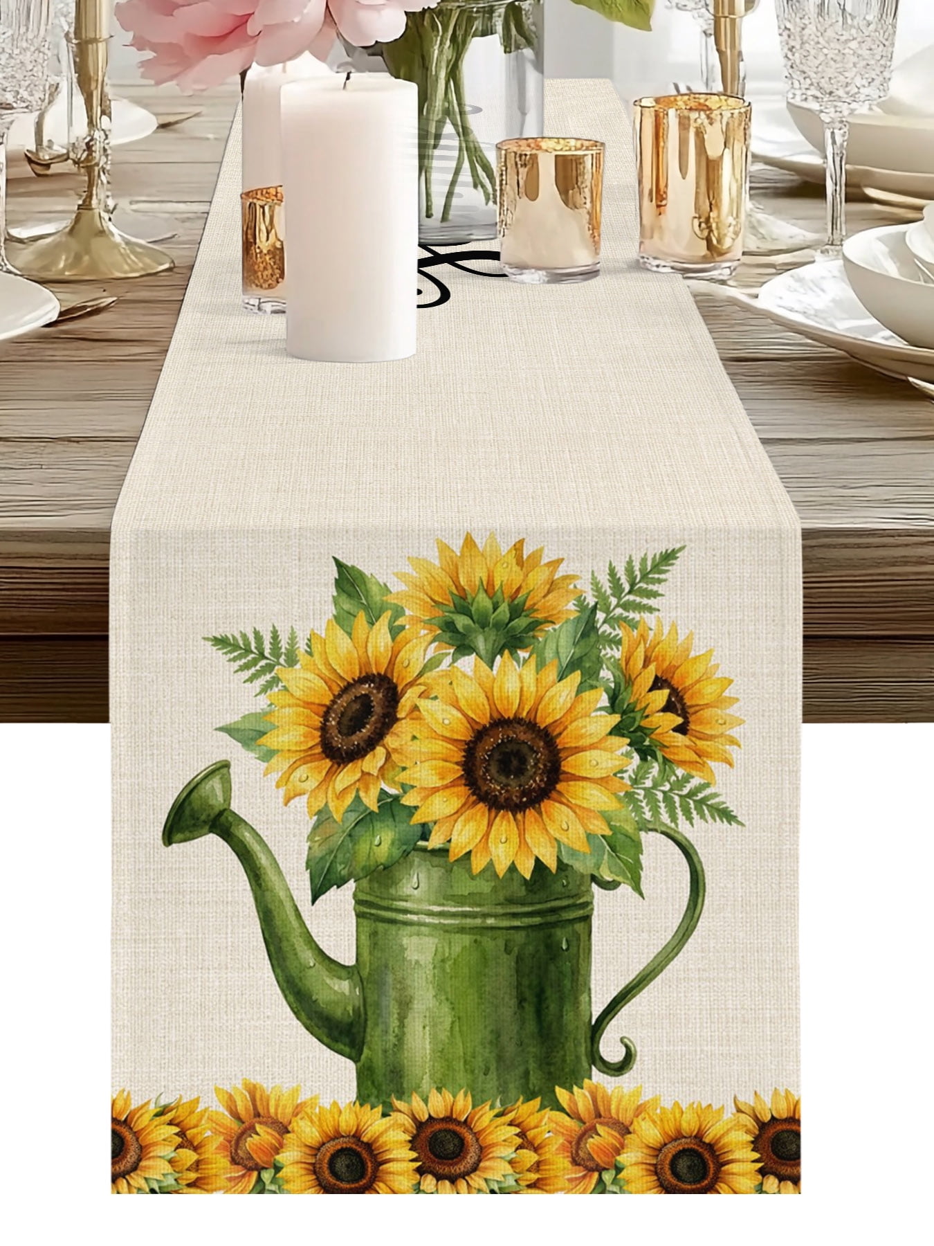 Burlap Table Runner 90 Inches Long, Watercolor Sunflower Watering Can ...