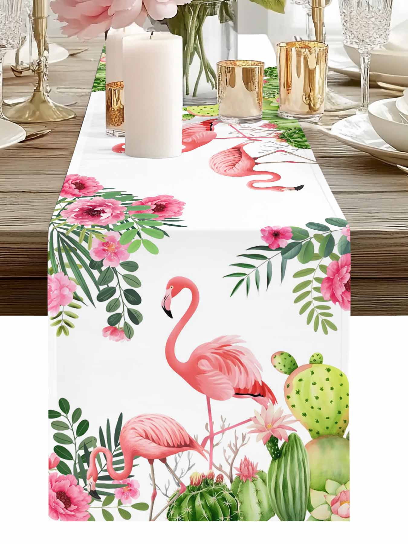 Burlap Table Runner 90 Inches Long, Watercolor Tropical Flamingo Bird ...
