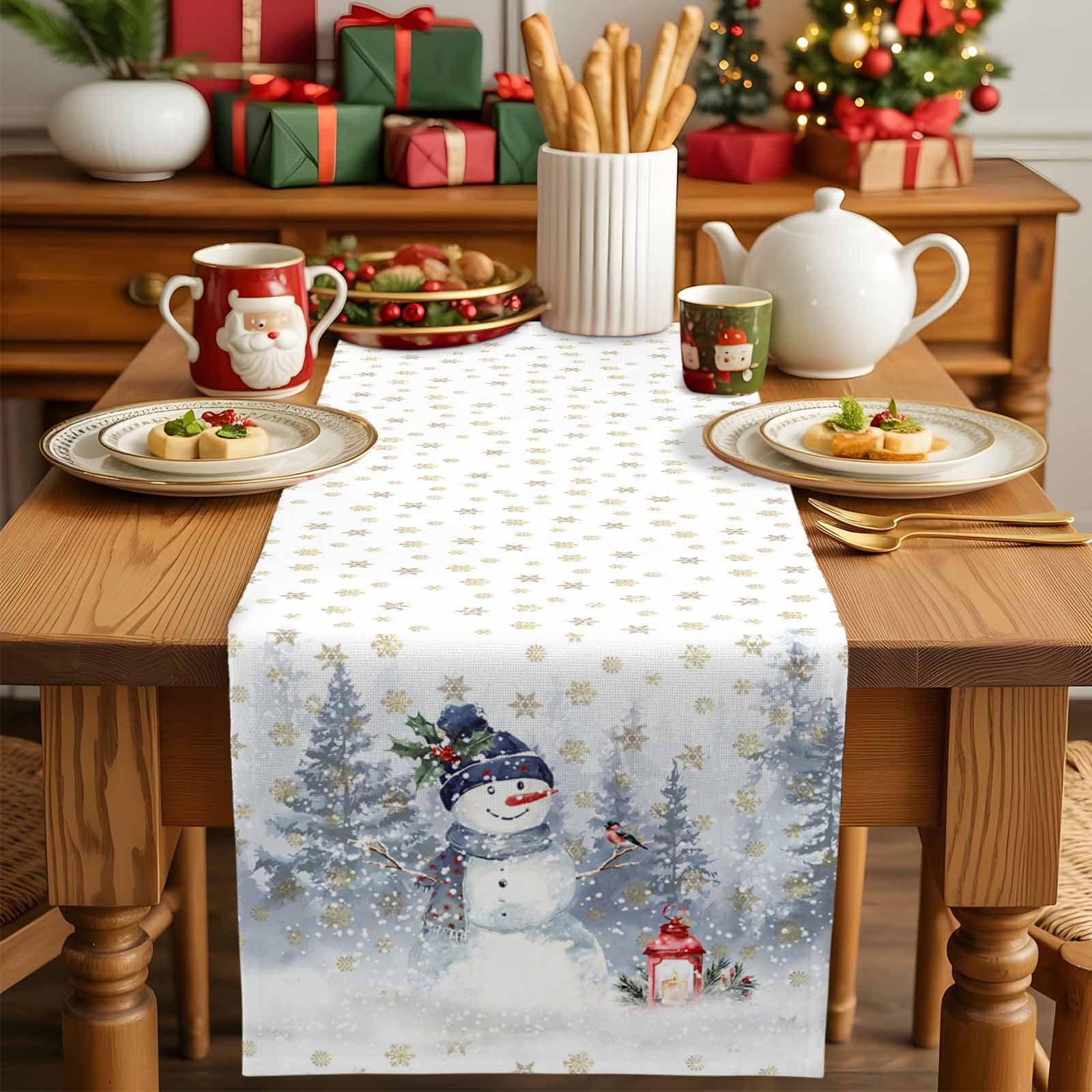 Burlap Table Runner 90 Inches Long,Watercolor Winter Snowman Non-Slip ...