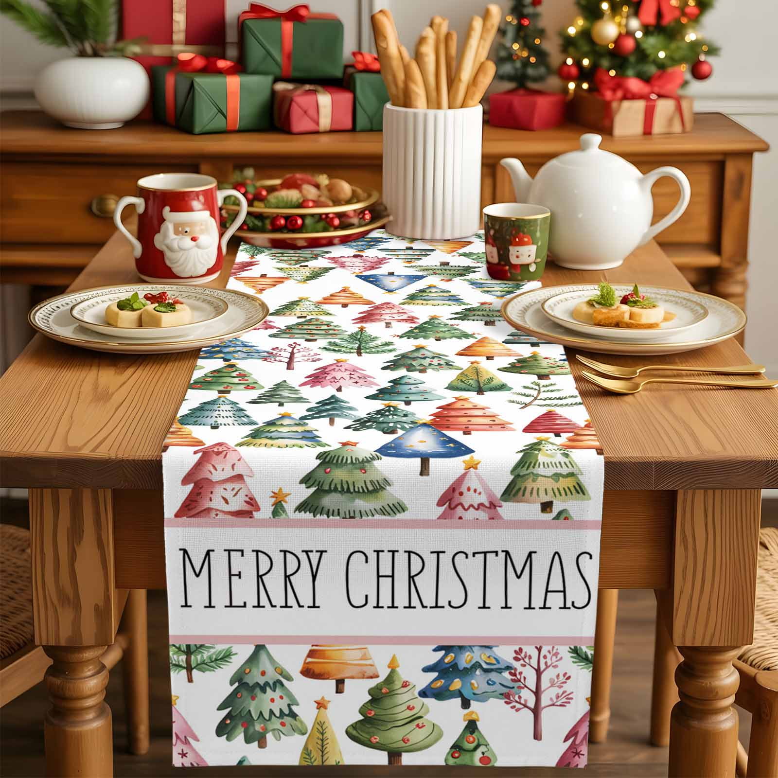 Burlap Table Runner 90 Inches Long,Watercolor Winter Trees Non-Slip ...
