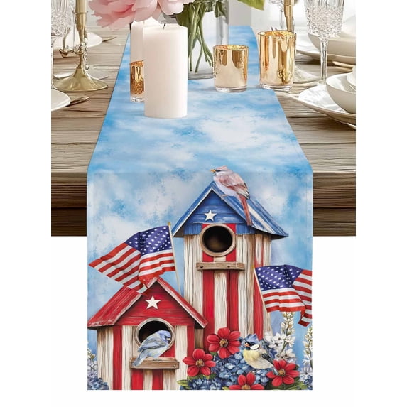 Burlap Table Runner 90 Inches Long, Watercolor Wood Birdhouse Flowers ...