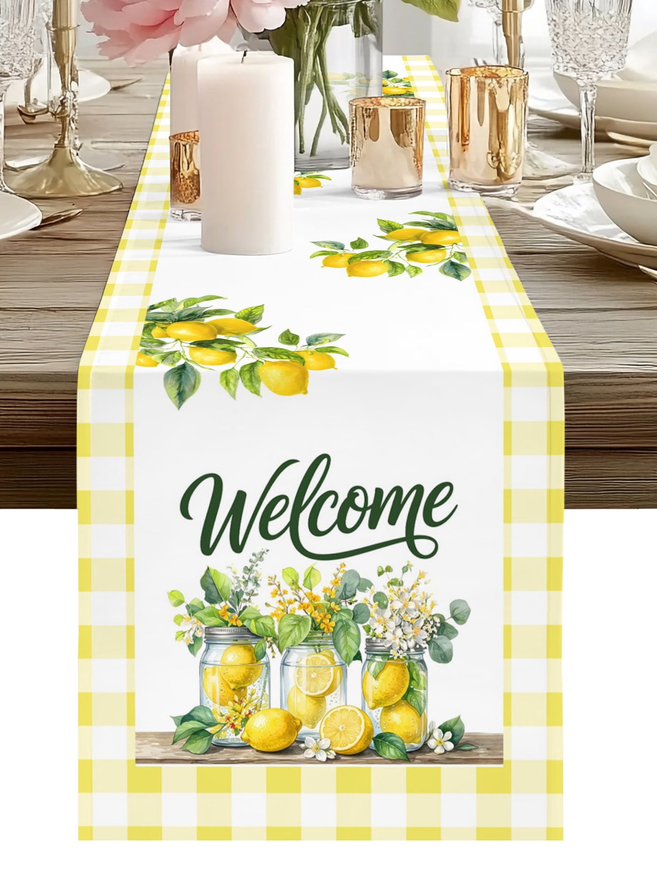 Burlap Table Runner 90 Inches Long, Welcome Words Farm Lemons Non-Slip ...