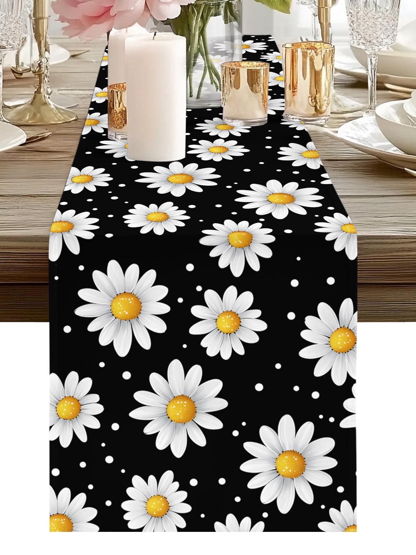 Burlap Table Runner 90 Inches Long, White Daisy Polka Dots on Black Non ...