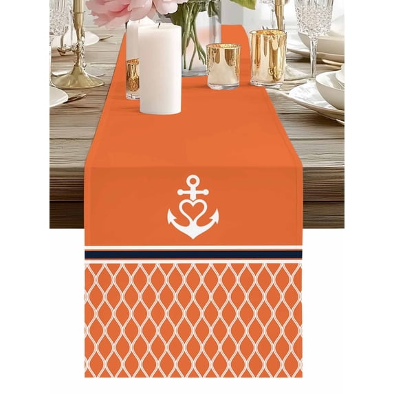 Burlap Table Runner 90 Inches Long, White Nautical Anchor Orange Theme ...