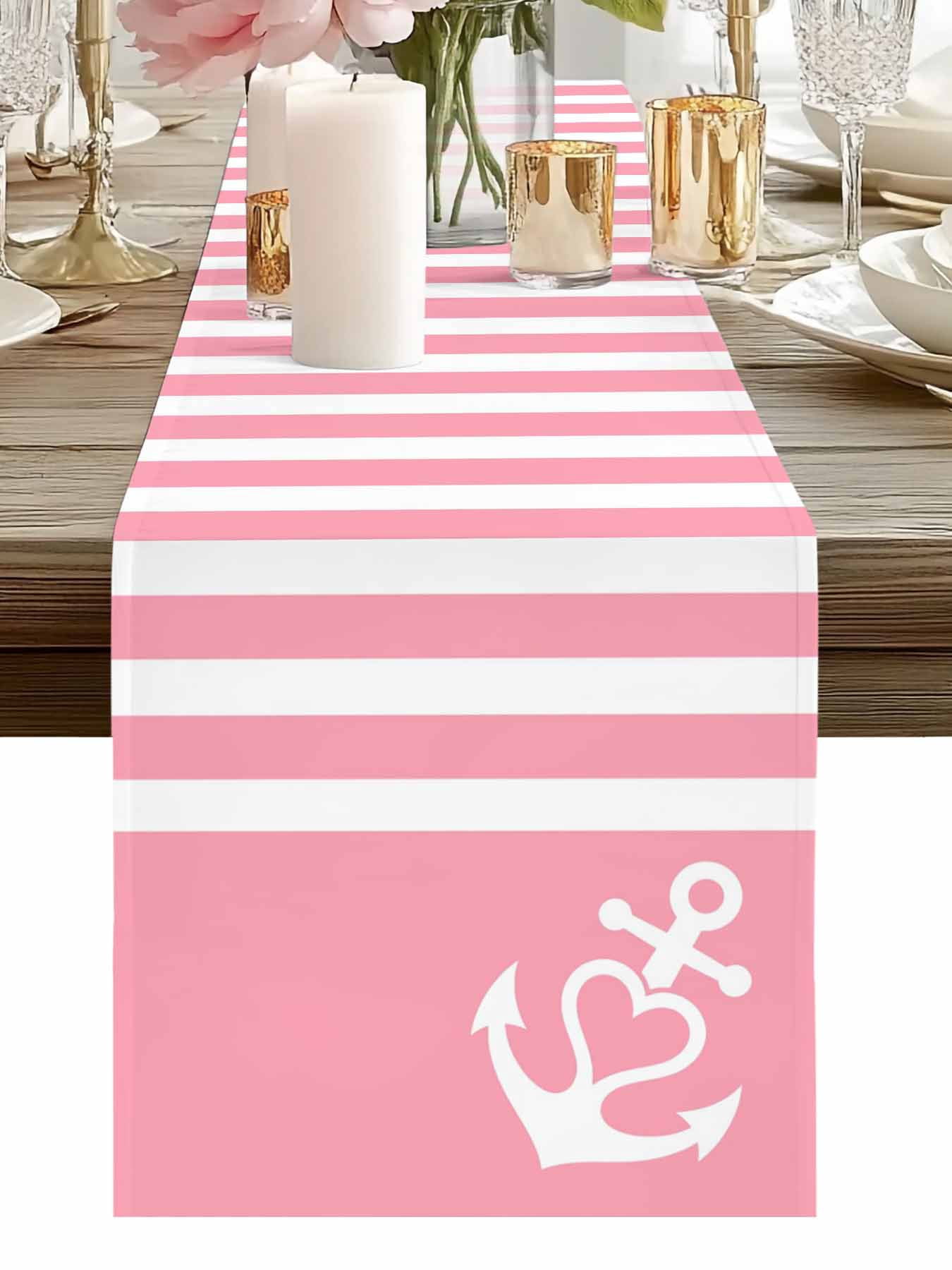 Burlap Table Runner 90 Inches Long, White Nautical Anchor on Pink Non ...