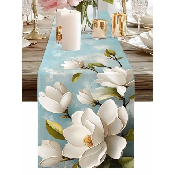 Burlap Table Runner 90 Inches Long, White Tulip Spring Blossom Floral ...