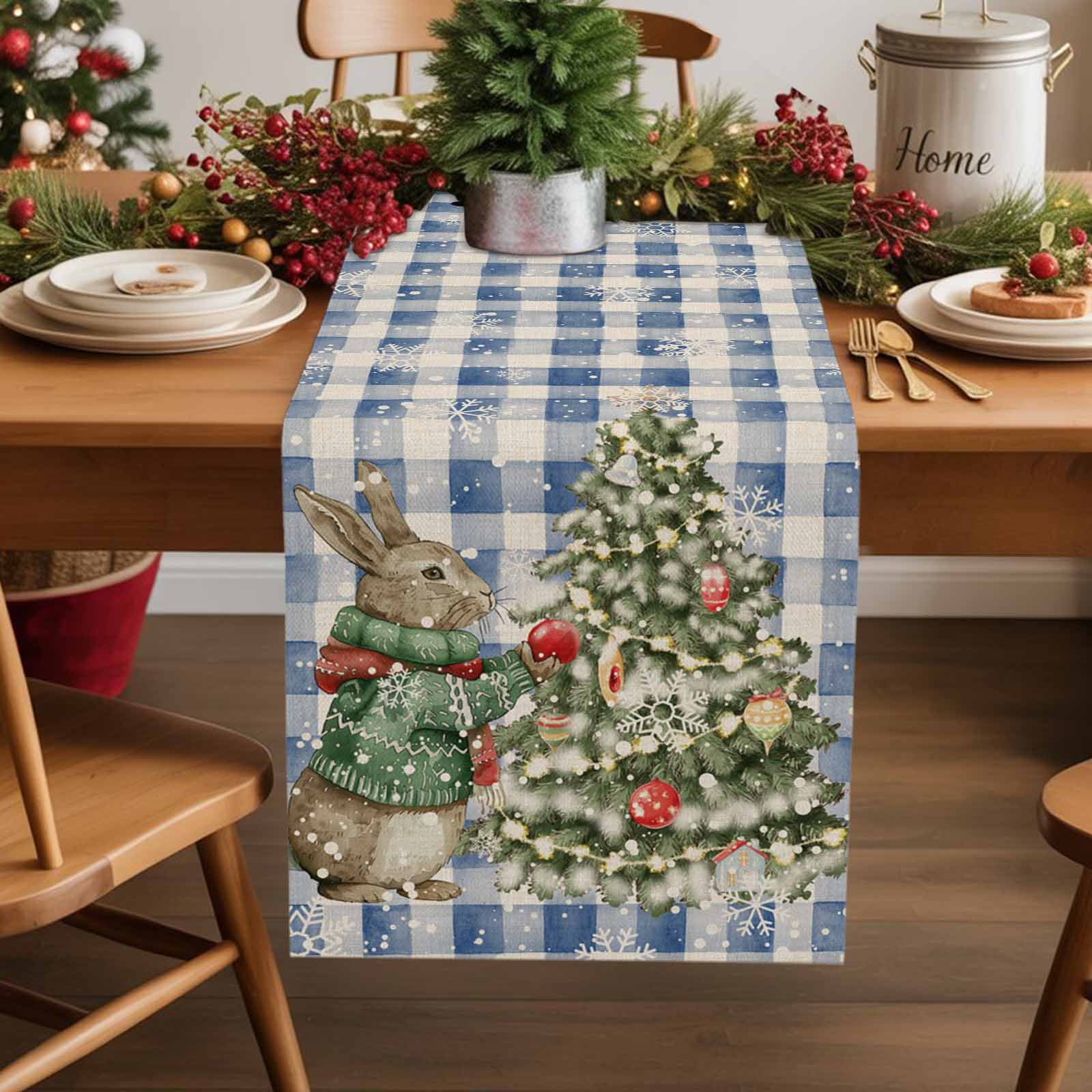 Burlap Table Runner 90 Inches Long,Winter Christmas Rabbit Xmas Tree ...