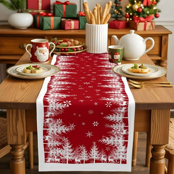 Burlap Table Runner 90 Inches Long,Winter Christmas White Pine Tree Non ...