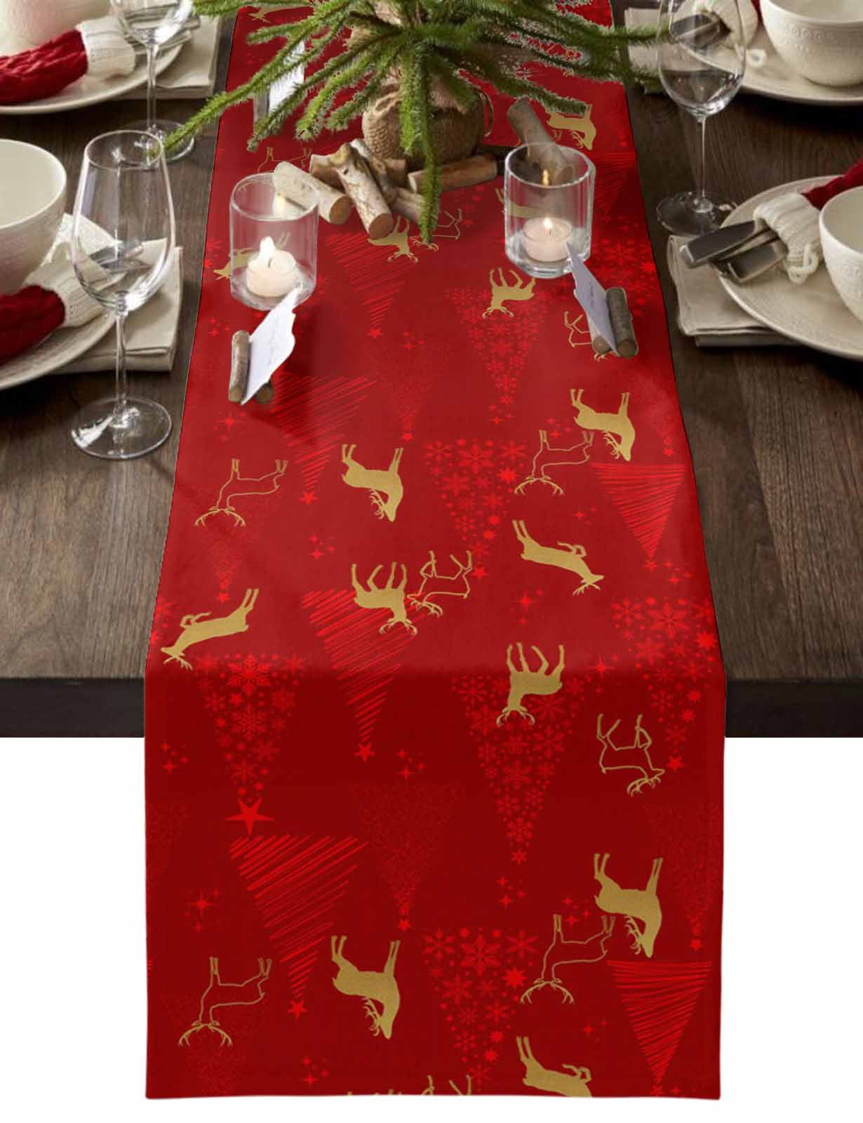 Burlap Table Runner 90 Inches Long,Winter Gold Reindeer Pine Trees on ...