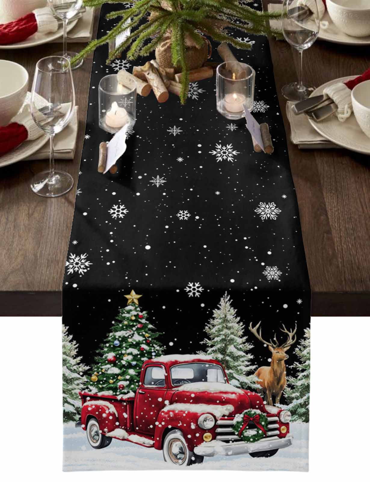 Burlap Table Runner 90 Inches Long,Winter Snowflake Snowfall Truck Non ...
