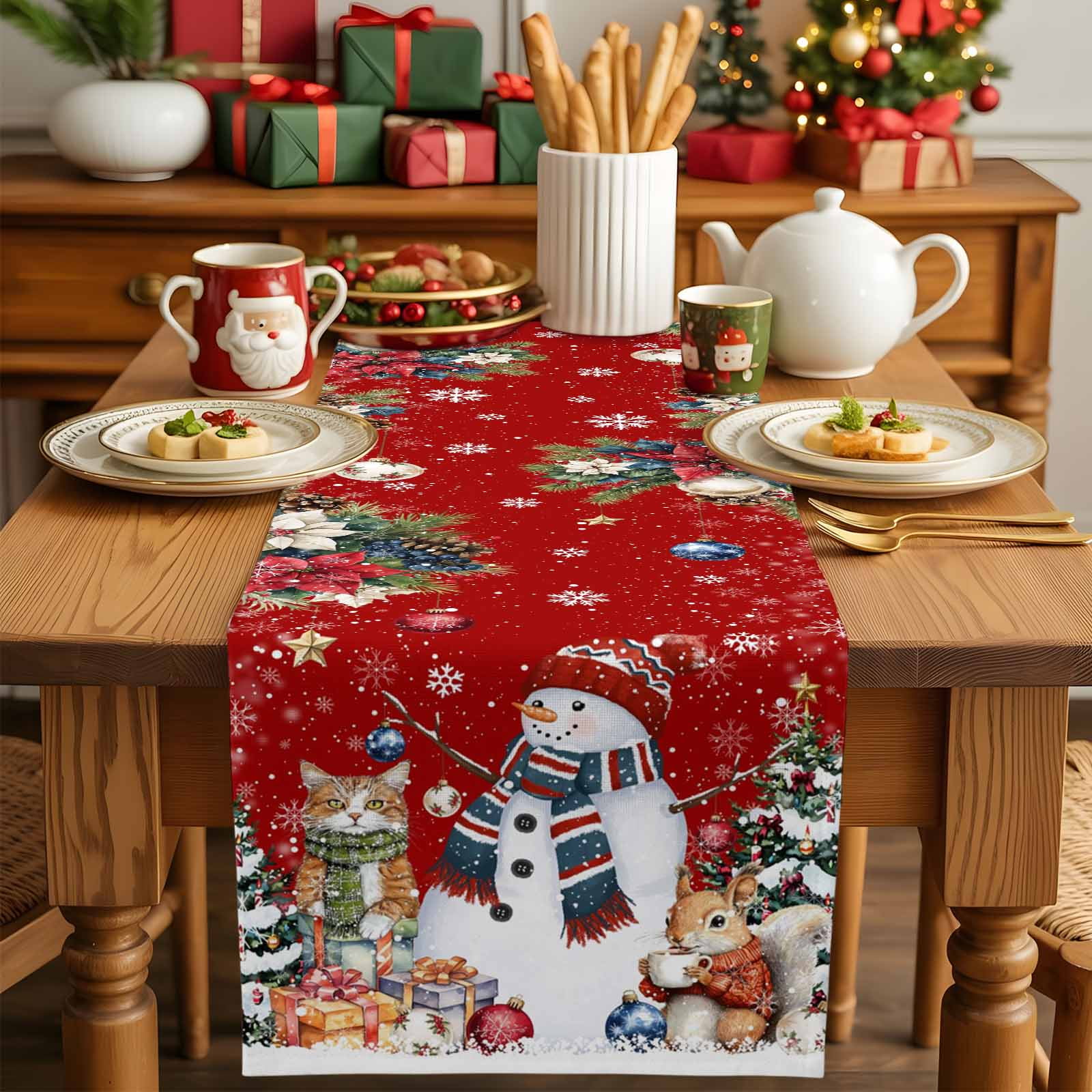Burlap Table Runner 90 Inches Long,Xmas Tree Snowman Poinsettia Flower ...