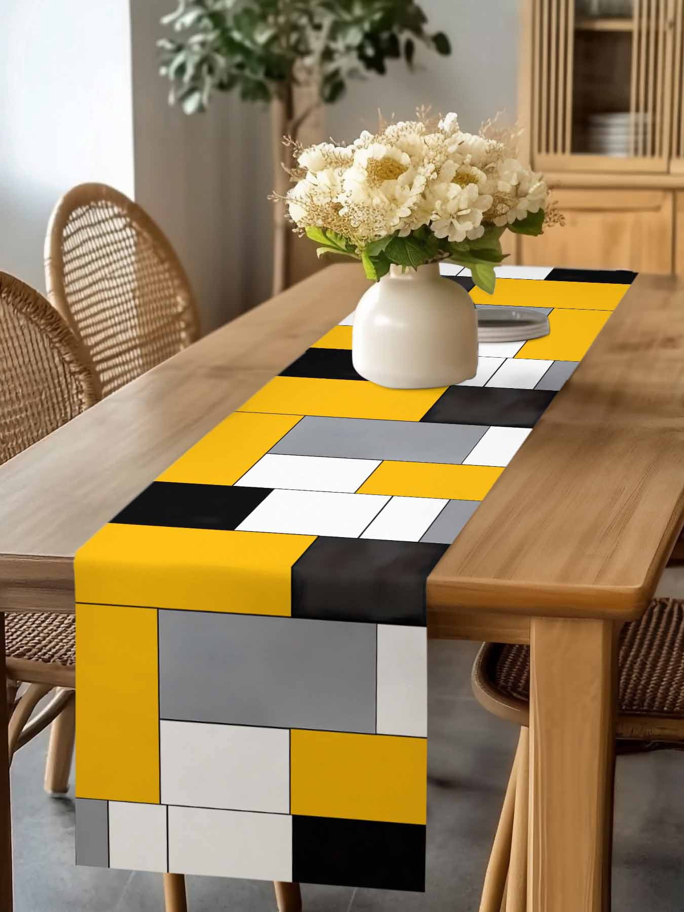 Burlap Table Runner 90 Inches Long, Yellow Gray Color Block Patchwork ...