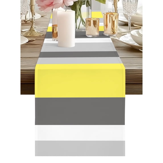 Burlap Table Runner 90 Inches Long, Yellow Gray Stripe Non-Slip Kitchen ...