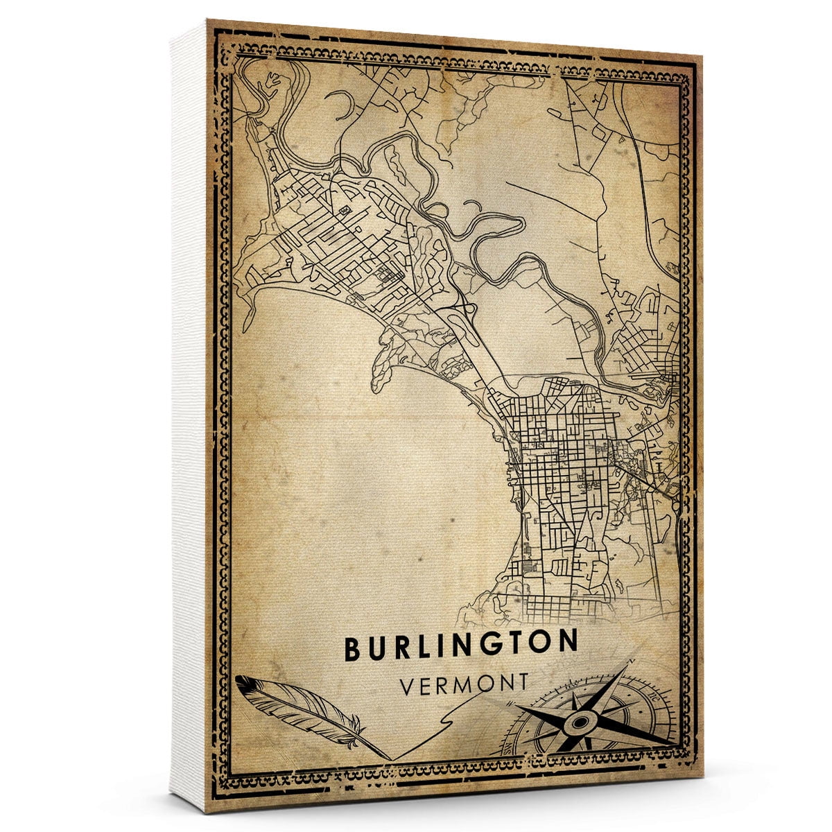 Burlington Vintage Map Prints Canvas, Vermont Map Art Canvas, Canvas ...