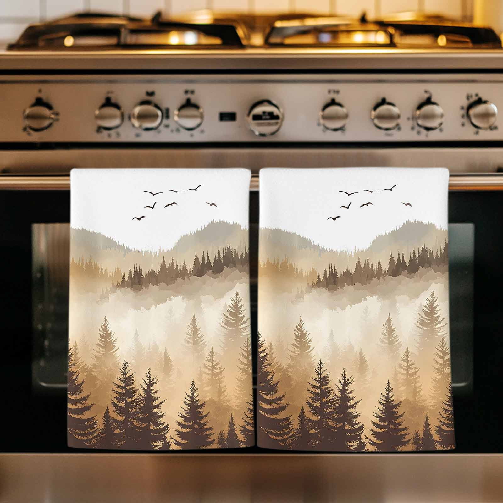 Burly Wood Trees Kitchen Towels Set of 2, Forest Mountain Birds Retro ...