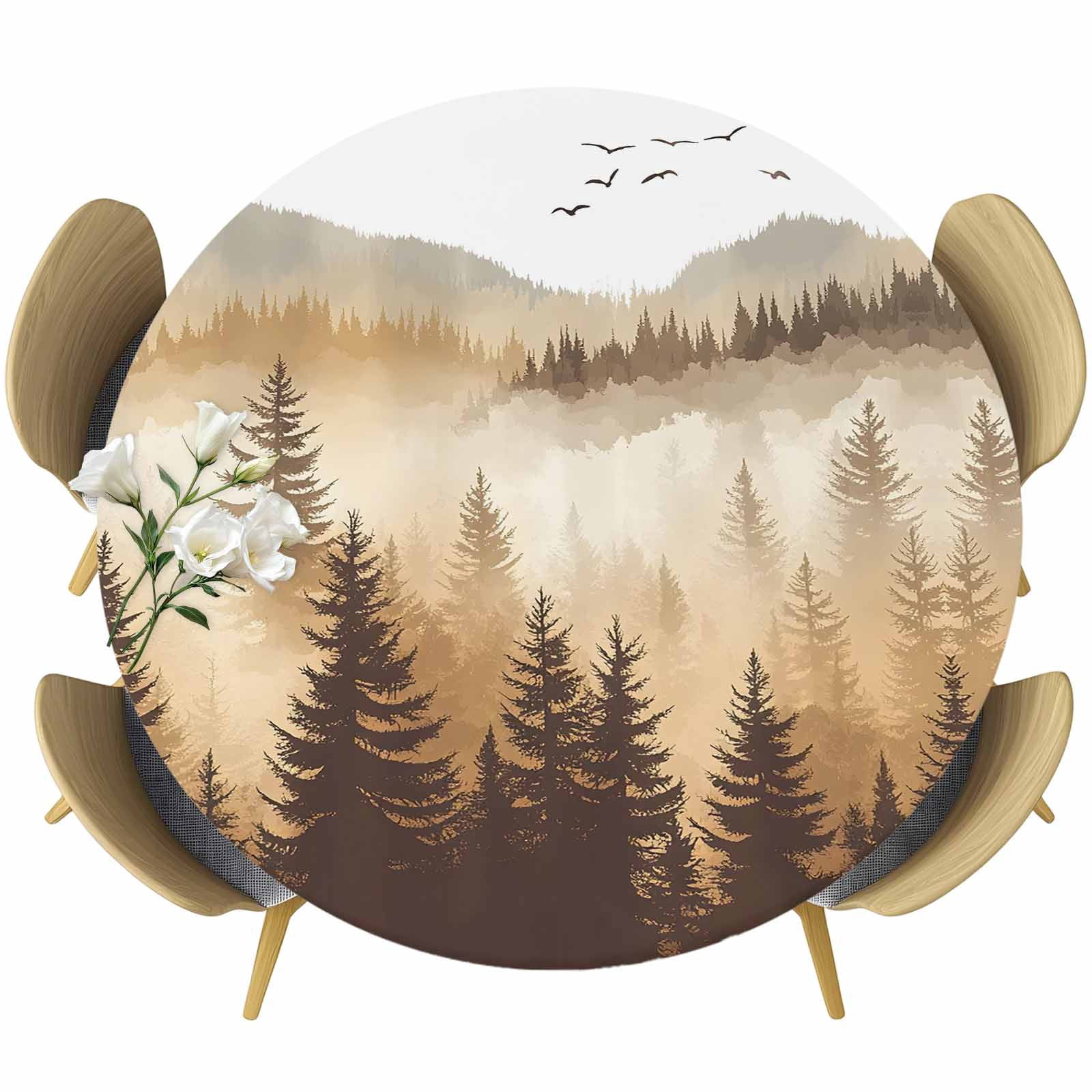 Burly Wood Trees Round Tablecloth, Fitted Table Cover with Elastic for ...