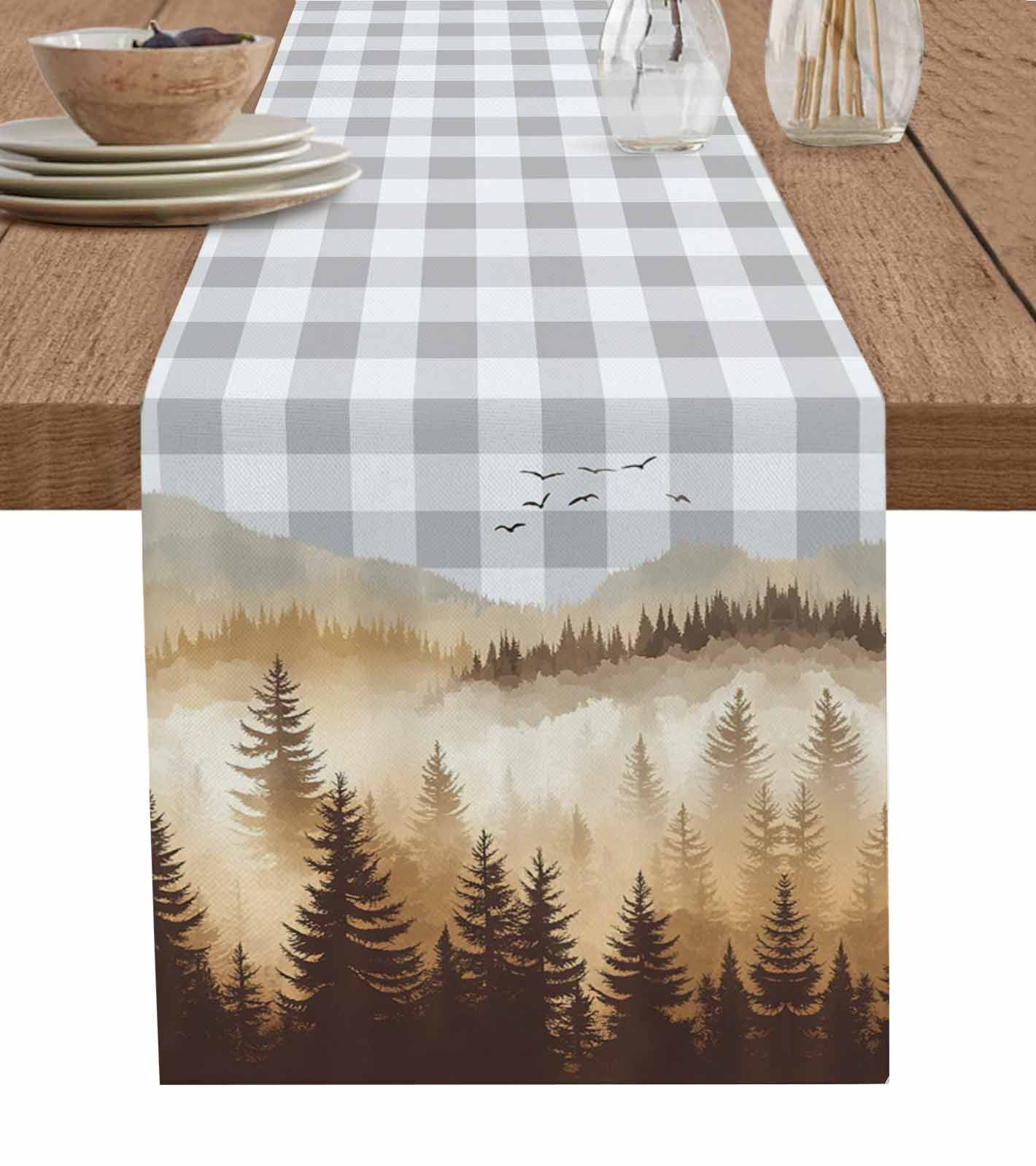 Burly Wood Trees Table Runner 72 Inches, Forest Mountain Birds Retro ...