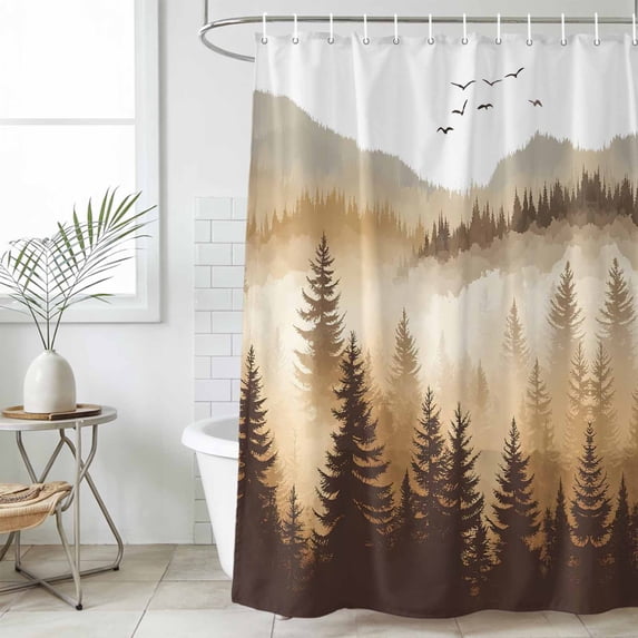 Burly Wood Trees Waterproof Fabric Shower Curtain,Forest Mountain Birds ...