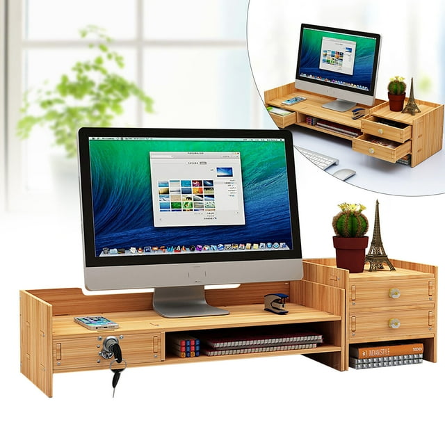 HiKaRiGuMi Burlywood Wood Desk Organizer, Monitor Stand, Laptop Storage ...