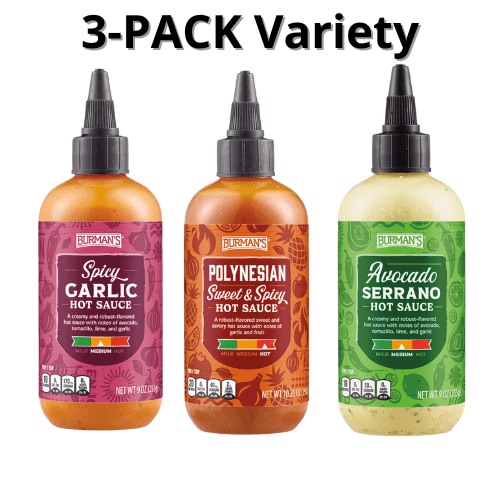 Burman's Premium Avocado Serrano ,Spicy Garlic and Polynesian Hot Sauce,9 oz 3-Pack Variety ...
