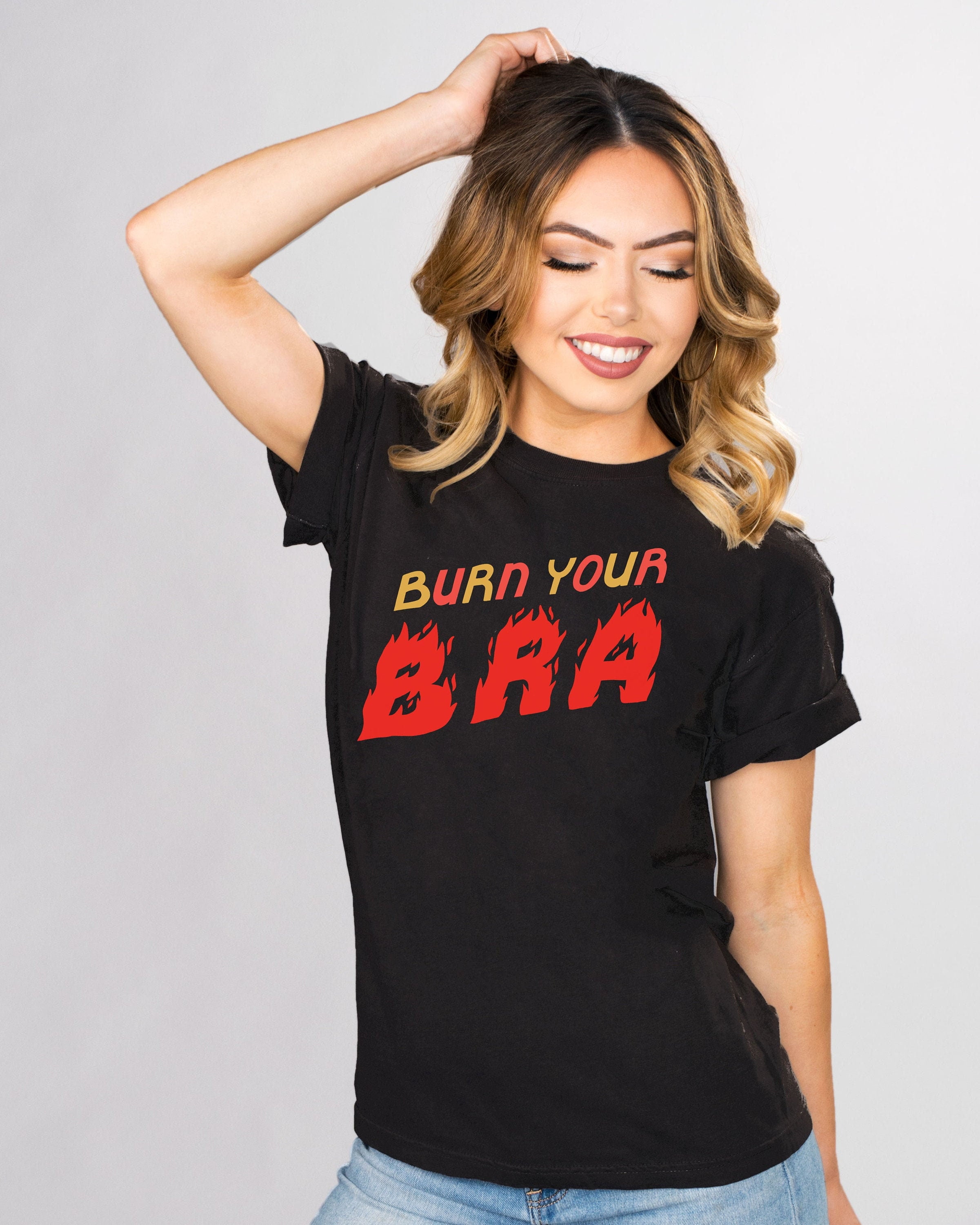 Burn Your Bra Black T-Shirt, Trendy Funny Graphic Tee, Empowering Girl ...