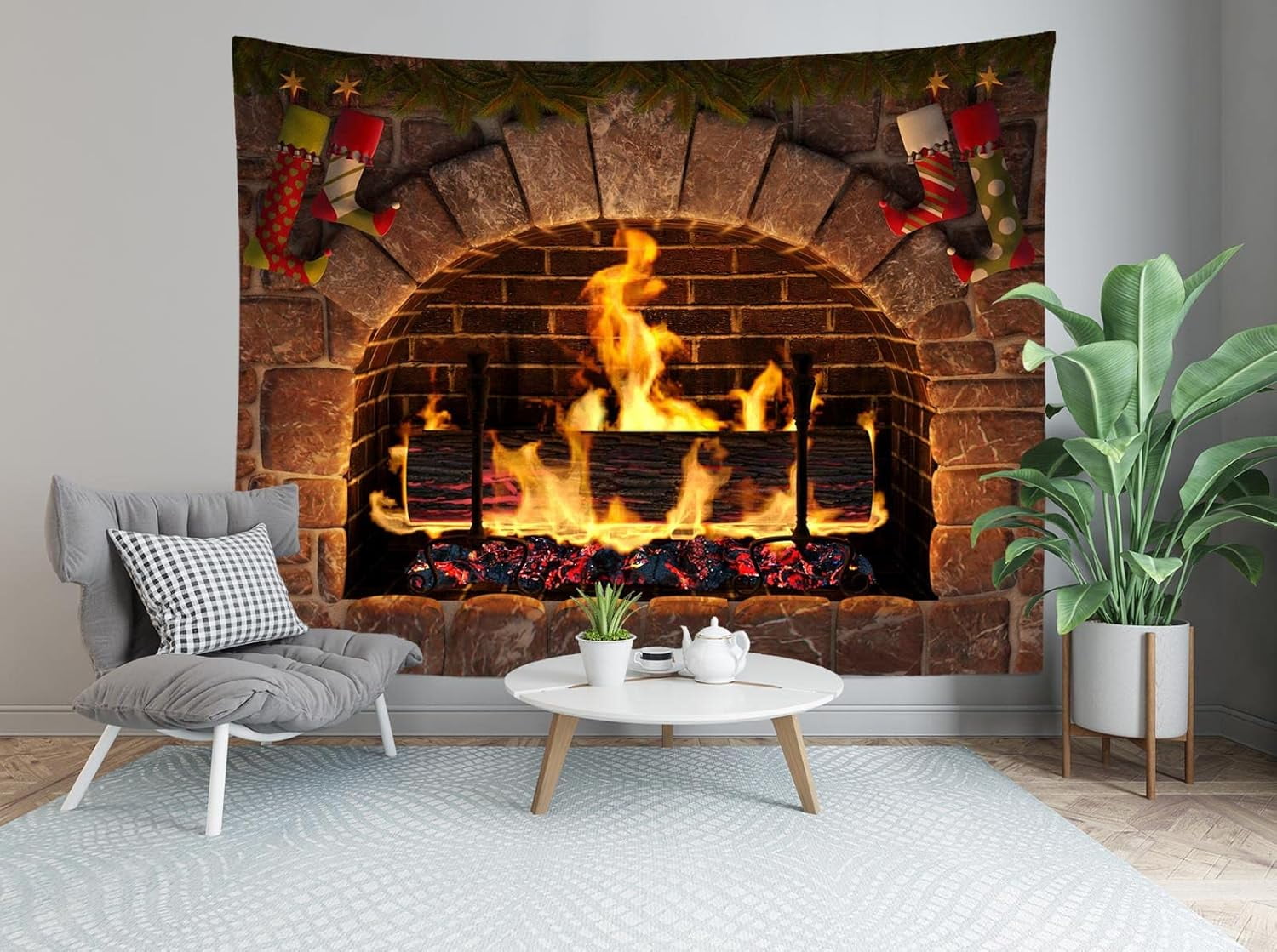 Burning Fireplace Tapestry Christmas Fireplace Firewood Flaming Wall ...