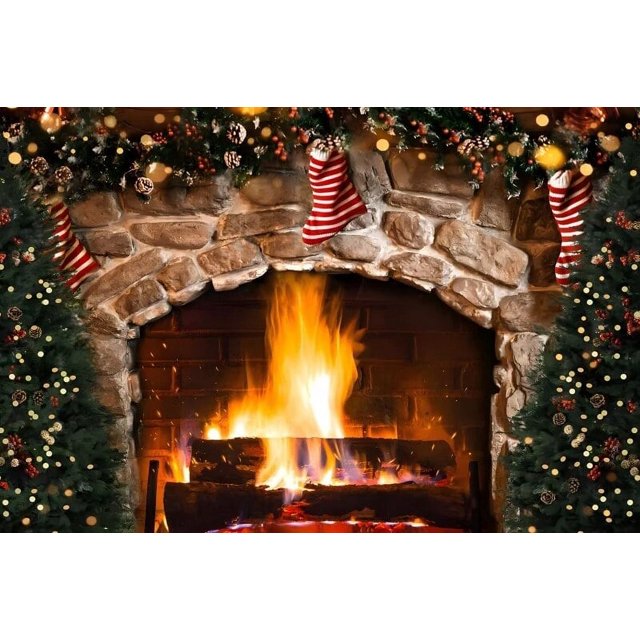 Burning Firewoods Backdrop Vintage Brick Wall Fireplace Winter