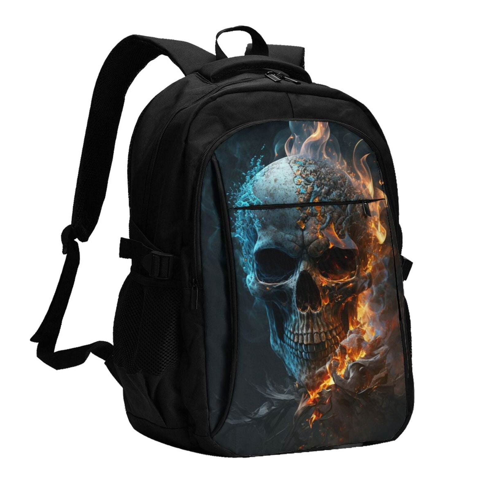 Burning Skull Head Death Fire Flaming Laptop Backpack with USB Charging ...